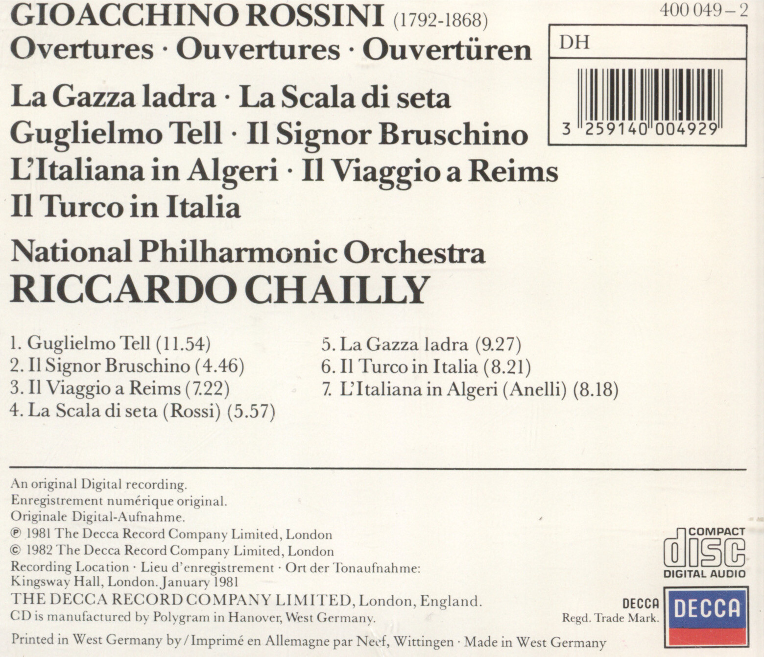 Rossini 7 Overtures by Riccardo Chailly National Philharmonic Orchestra ...