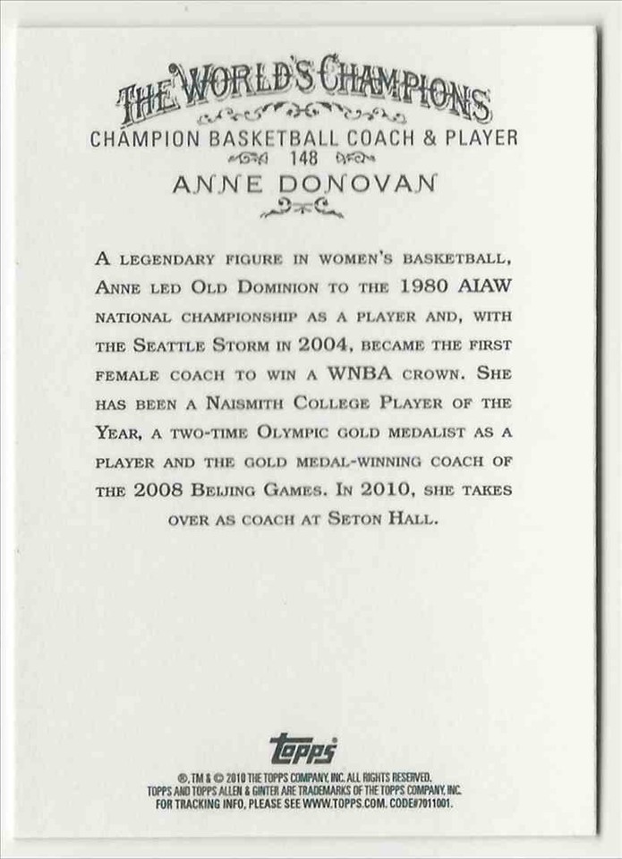 2010 Topps Allen & GInter Anne Donovan Champion Basketball Coach ...