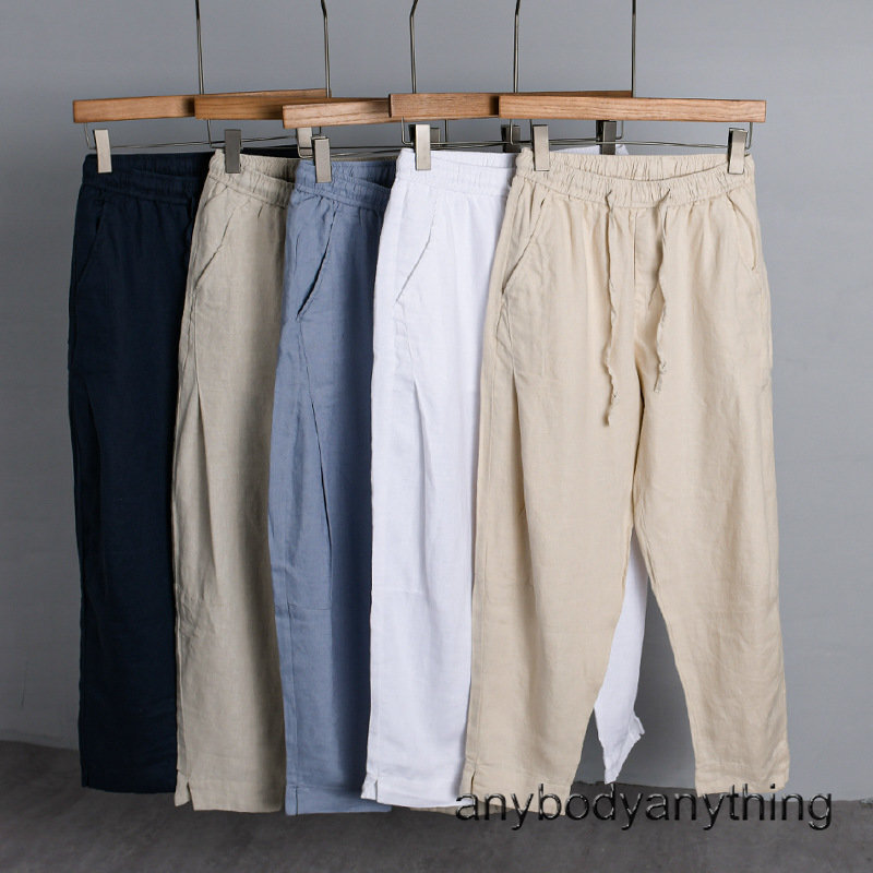 Men's 100% Linen Trousers Casual Beach Drawstring Pants Breathable ...