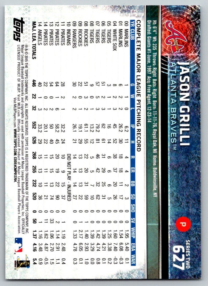 2015 TOPPS JASON GRILLI ATLANTA BRAVES #627 | eBay