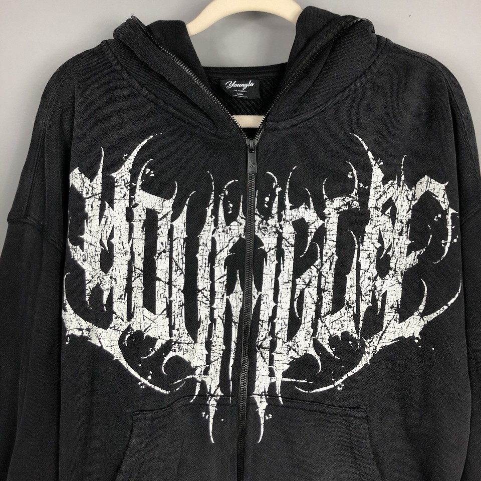 YoungLA Shut Your Mouth Full Zip Hoodie Womens L Black Faded Distressed ...