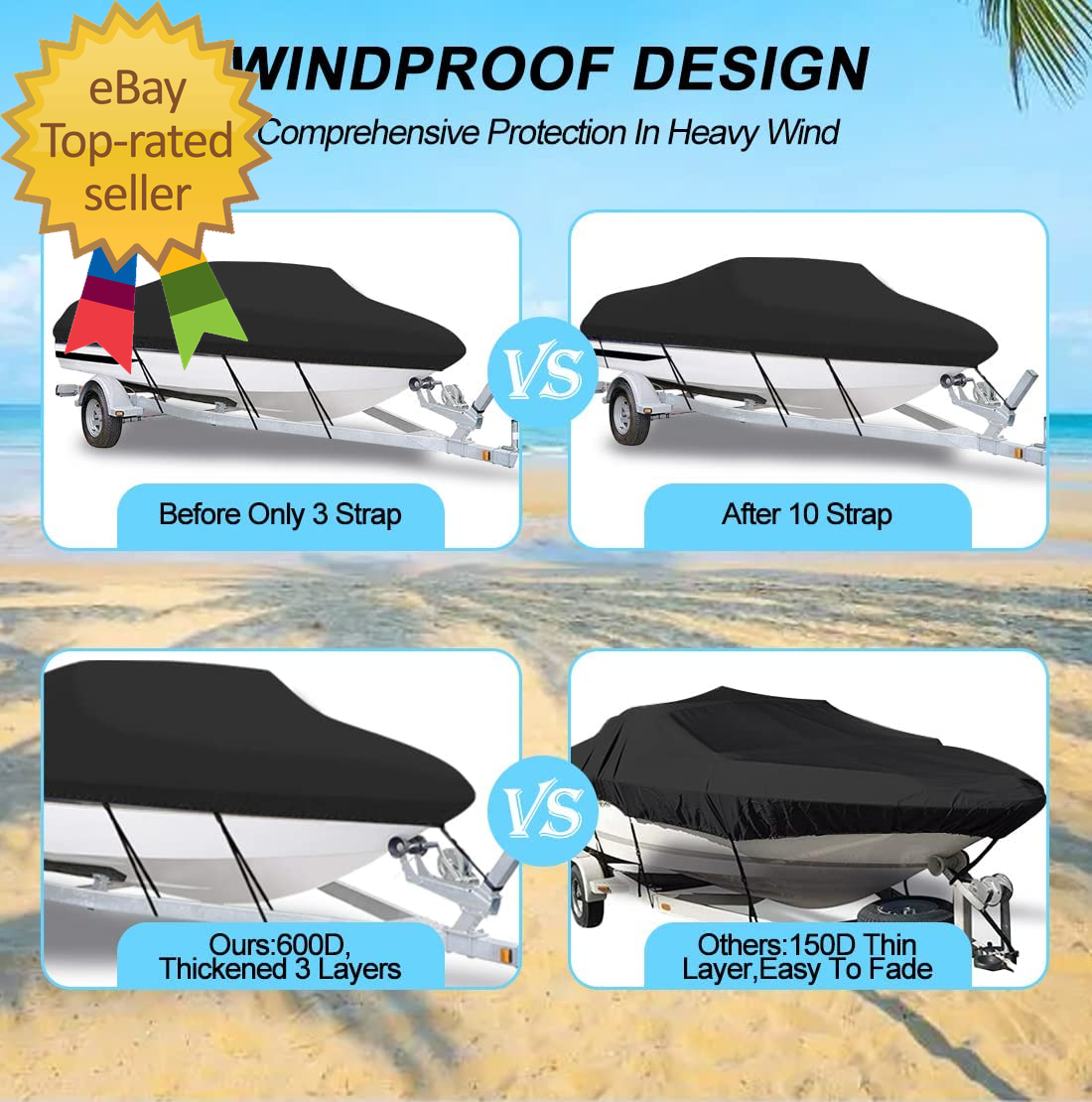 Boat Cover 14-16Ft Trailerable 210D Light Hull Covers Waterproof Marine ...