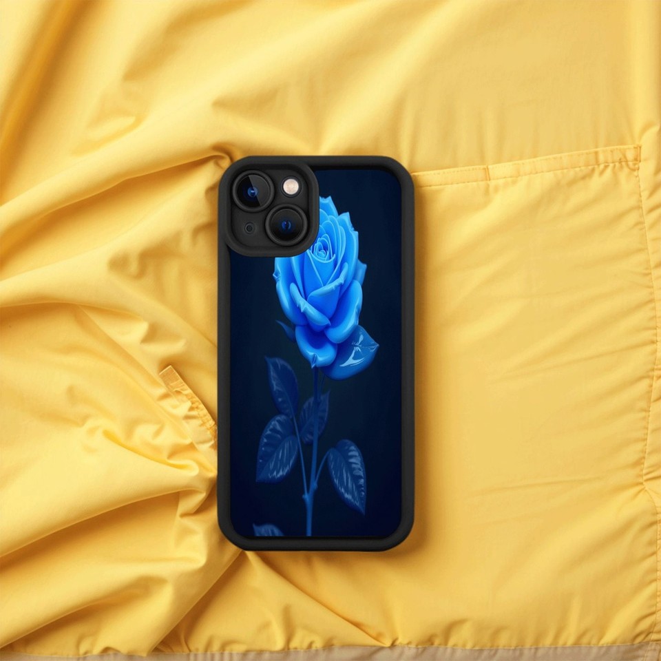 Lightweight iPhone 15 Case - Stunning Blue Rose Design on Black ...