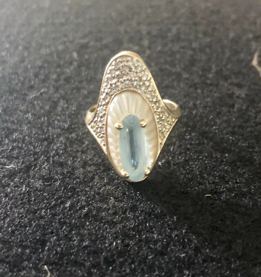 Erte' Alouette Azure Topaz Diamond Mother of Pearl 14k Yellow Gold Ring ...