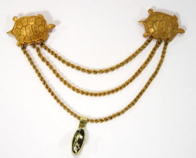 Miriam Haskell Double Turtle Pin Brooch w/ 3 Dangling Chains + Original ...