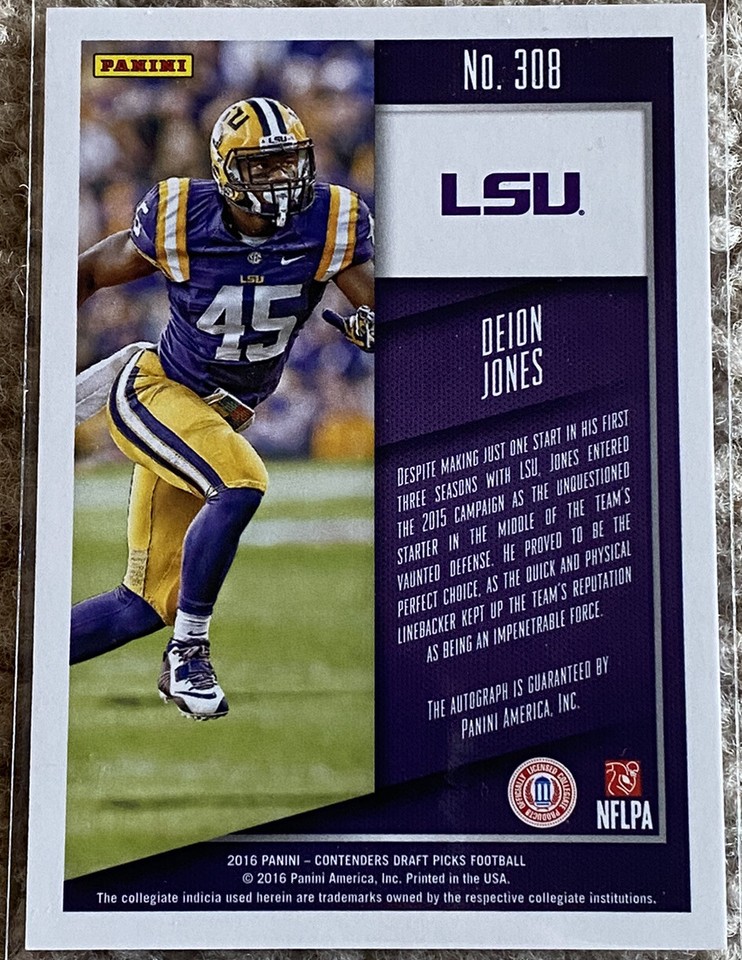2016 Panini Contenders Draft Picks Bowl /99 Deion Jones Rookie Auto RC ...