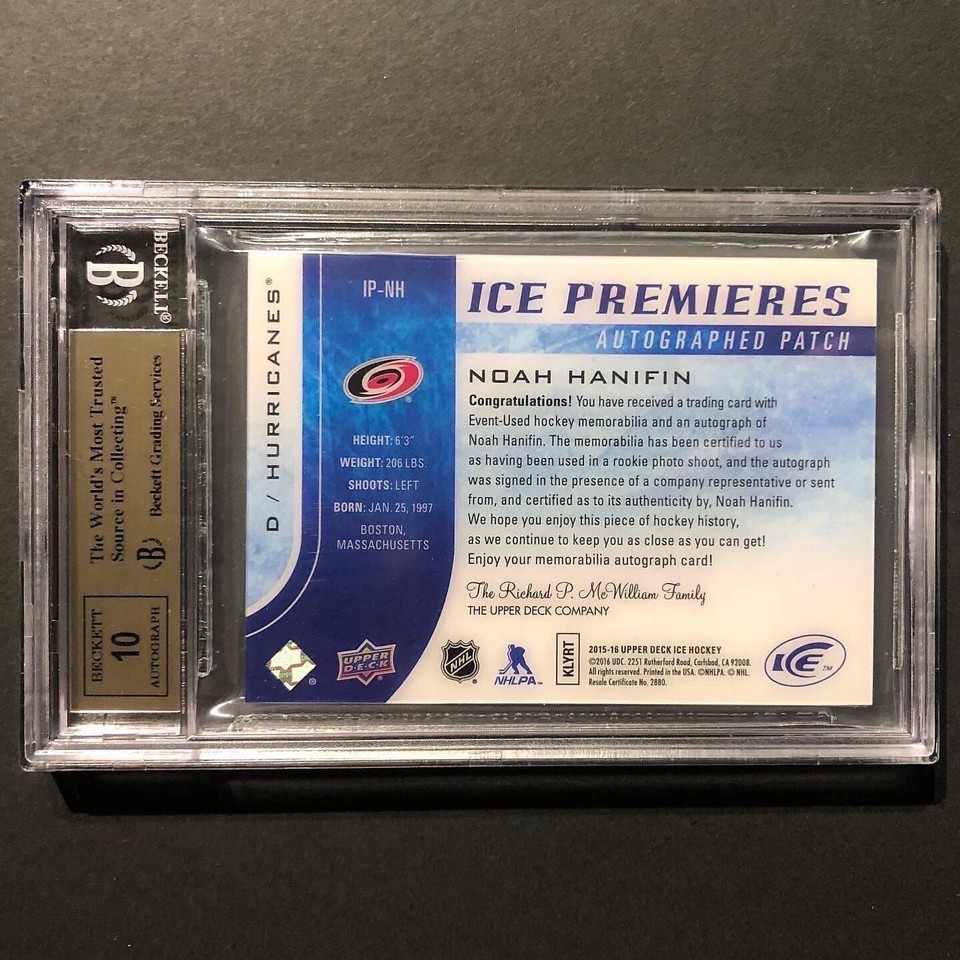 2015 - 16 UD ICE Premieres Rookie RC 3 CLR Auto Patch Noah Hanifin /10 ...