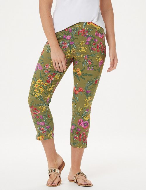 Susan Graver Green Floral Regular Uptown Stretch Pull-On Crop Pants 4 ...