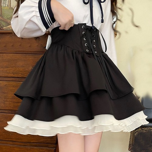 Sweet Girls High Waist Ruffles A-Line Skirts Bowknot Japanese Summer ...
