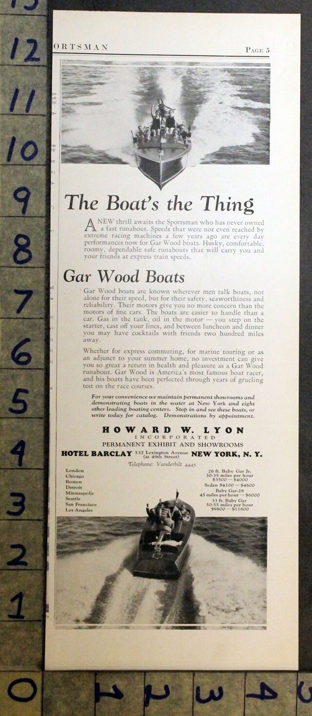 1927 HOWARD LYON GARWOOD MOTORBOAT BABY CRUISER HOTEL BARLCAY NAUTICAL ...