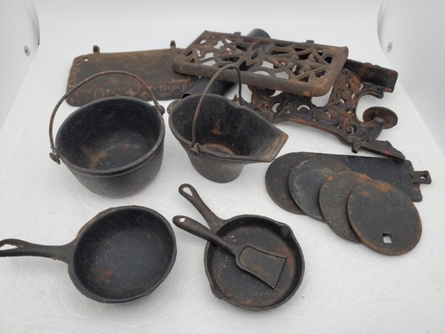 Vintage Miniature Cast Iron Pots Pans, Coal Bucket & Incomplete Stove ...