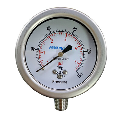 New PRM 0-150" WC/0-5 PSI Pressure Gauge 2.5" SS Case/ Internals, ¼ ...