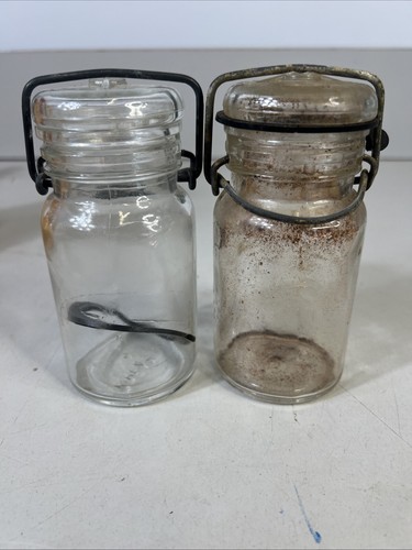 2 Vintage Clear Glass Wheaton Canning Jar #4 Lid Gasket & Wire Bail 5. ...