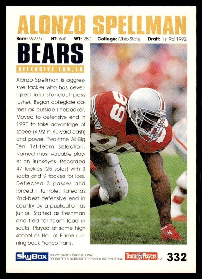 1992 SkyBox Football Card Alonzo Spellman Rookie A Chicago Bears #332 ...