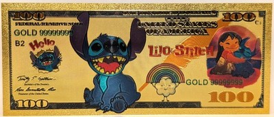 Stitch Lilo & Stitch Disney $100 Dollar 24K Gold Foil Plated Note Bill ...