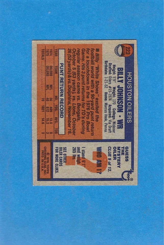 1976 Topps Billy Johnson #223 EXMT to Near MINT Oilers White Shoes | eBay