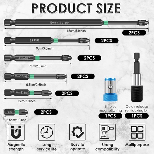14Pcs Magnetic Screwdriver Bit Set 1/4inch Hex Shank Impact Cross Bit ...