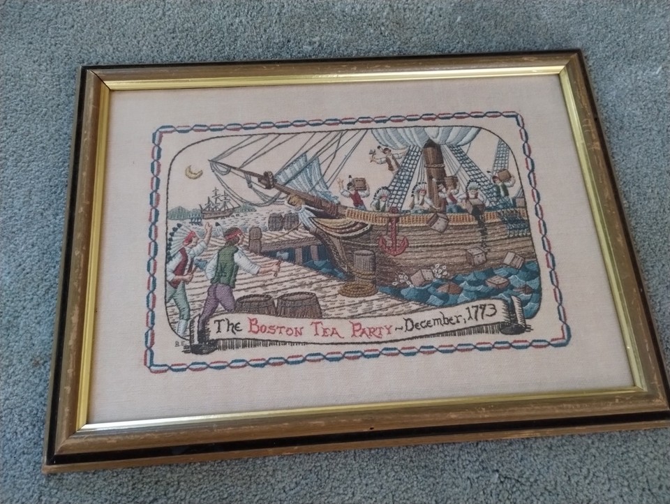 Vintage Academy Arts Large Boston Tea Party Sampler Framed Behind Glass ...
