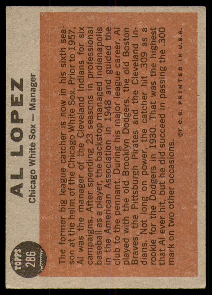 1962 Topps #286 Al Lopez Very Good White Sox MG ID:235030 | eBay