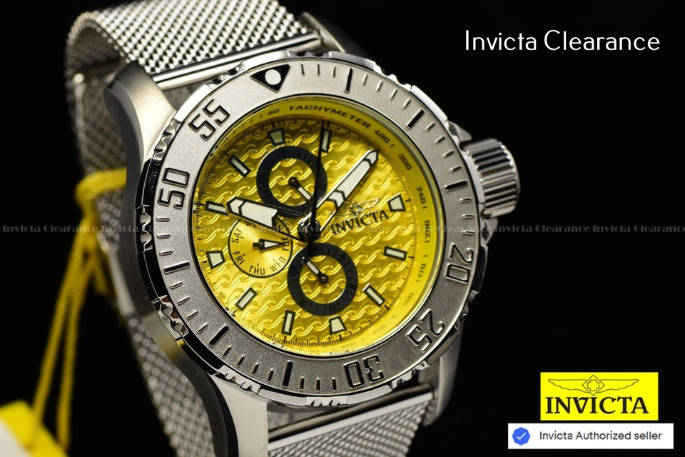 Invicta Mens VINTAGE 50mm Quartz Yellow Dial Mesh Steel Tone SS Watch ...