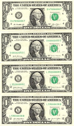 Four in a Row 6s Fancy Serial Number One Dollar Bill Lot of 4 Notes ...