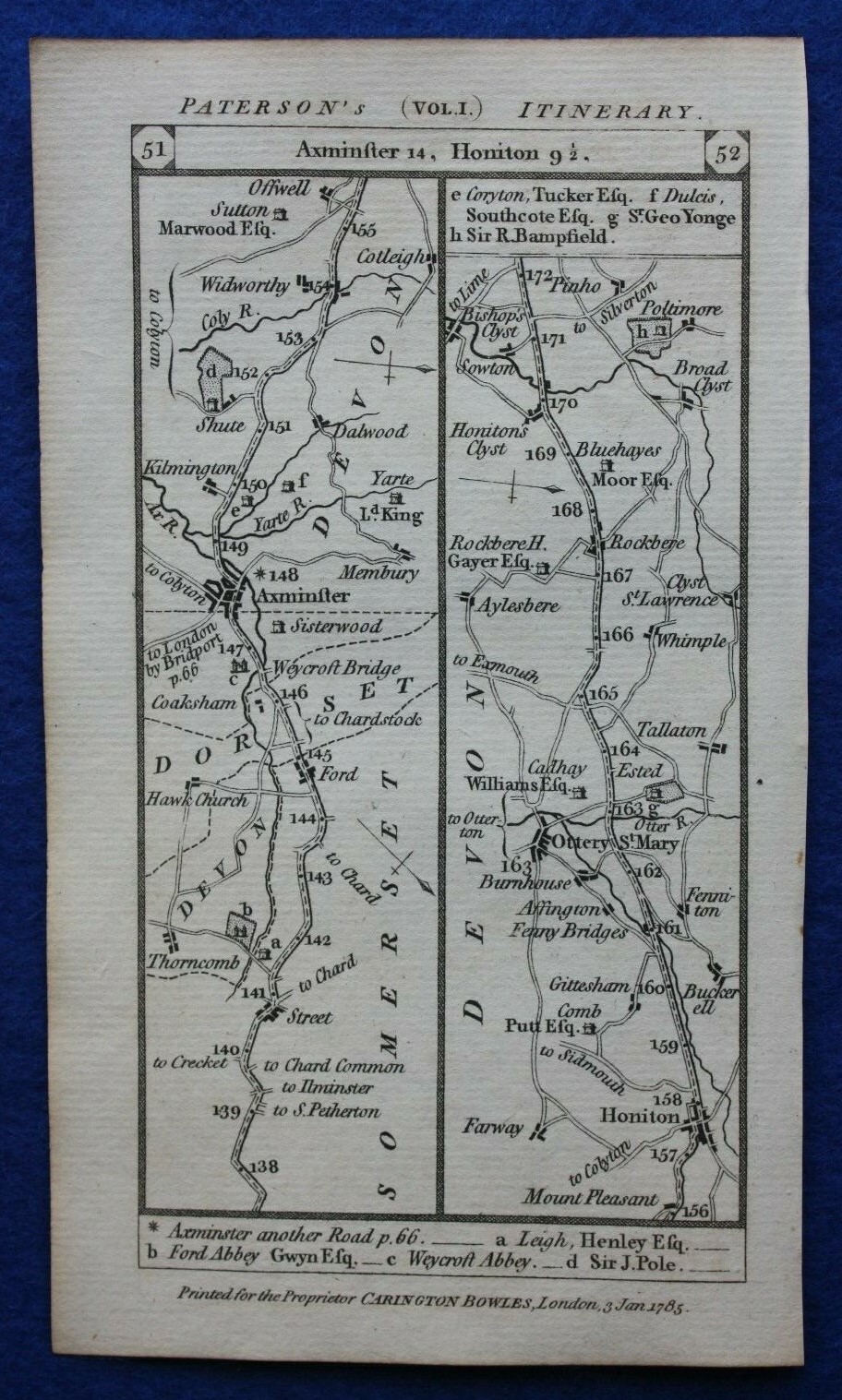 Original antique road map SOMERSET, DEVON, CREWKERNE, HONITON, Paterson ...
