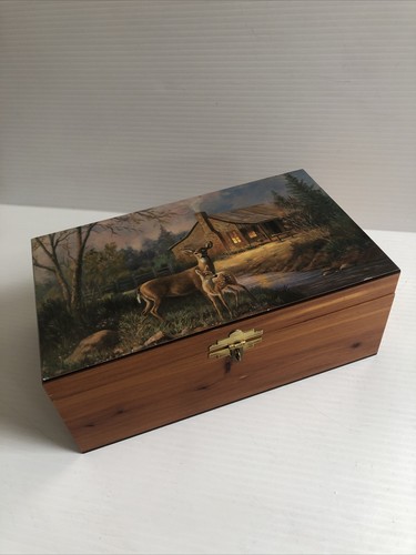 DEER DOE FAWN CABIN KEEPSAKE JEWELRY HOME DECOR WOOD CEDAR BOX 6"X10 ...