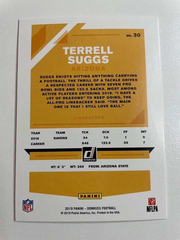 Terrell Suggs 2019 Panini Donruss #30 Arizona Cardinals Chiefs T-Sizzle ...