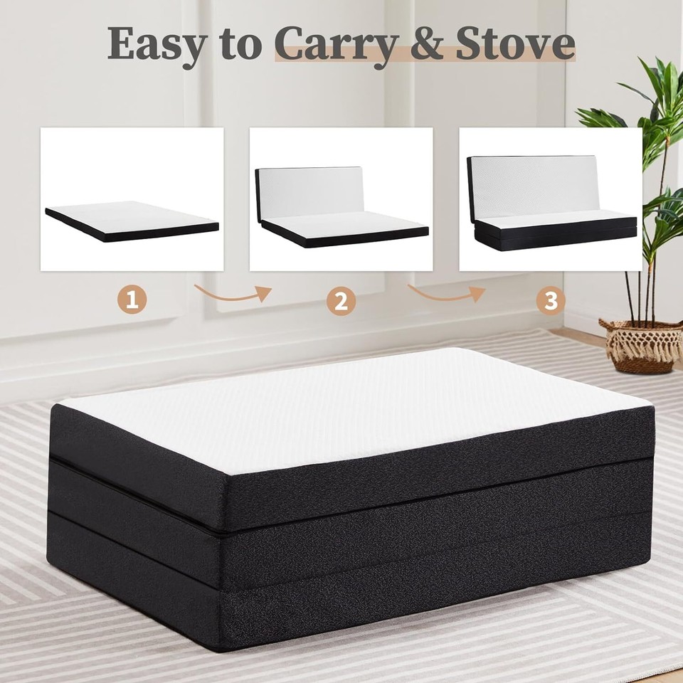 4" Tri-Fold Memory Foam Mattress Foldable Mattress Topper with Washable ...