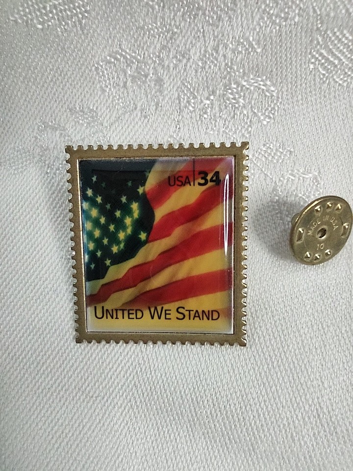 United We Stand Postage Stamp Lapel Hat Pin USPS 34 Cent U S Flag Winco ...
