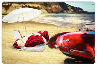 Santa Resting On The Beach Metal Christmas Holiday Sign By Artist Bob ...