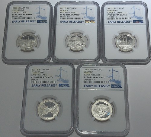 2011 S Proof Silver 5 Coin Quarter Set NGC PF70 UC ER National Parks 25 ...
