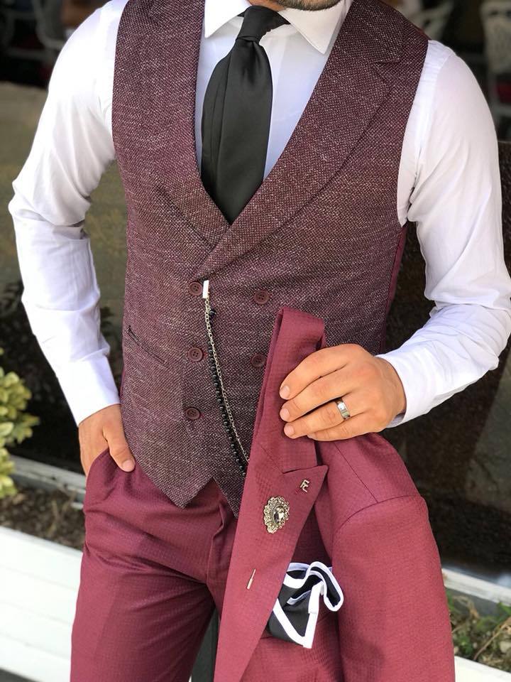 Designer Business Bordeaux Red Suit Jacket Miliert Vest Fitted Slim Fit ...