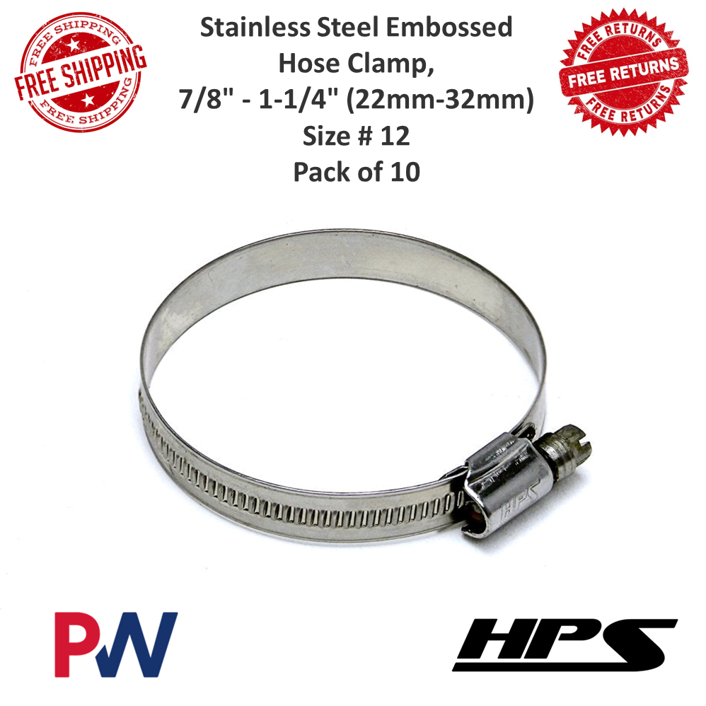HPS Stainless Steel Embossed Hose Clamp, 7/8" - 1-1/4" Range, Size #12 ...