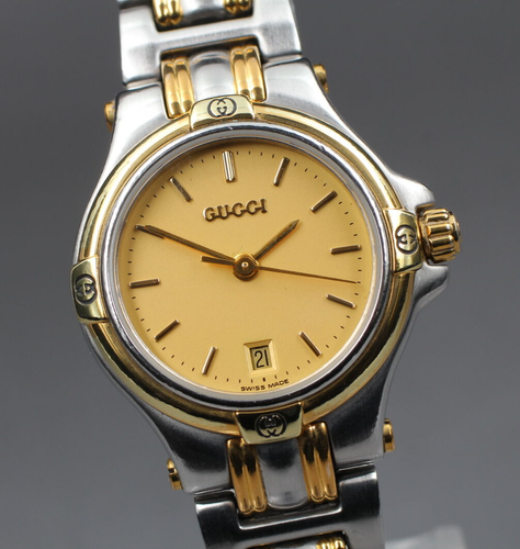 [Near MINT] Vintage GUCCI 9040L Date Gold Dial Silver Two Tone Qz ...