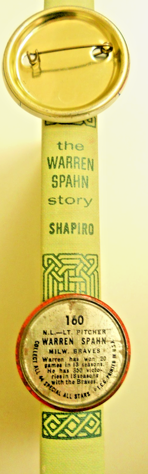 3 Vintage Warren Spahn Baseball Items: '58 Hardback Book, '63 pinback ...