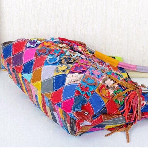 100% Genuine Leather Colorful Floral Patchwork Handbag Women's Tote Shoulder Bag | eBay