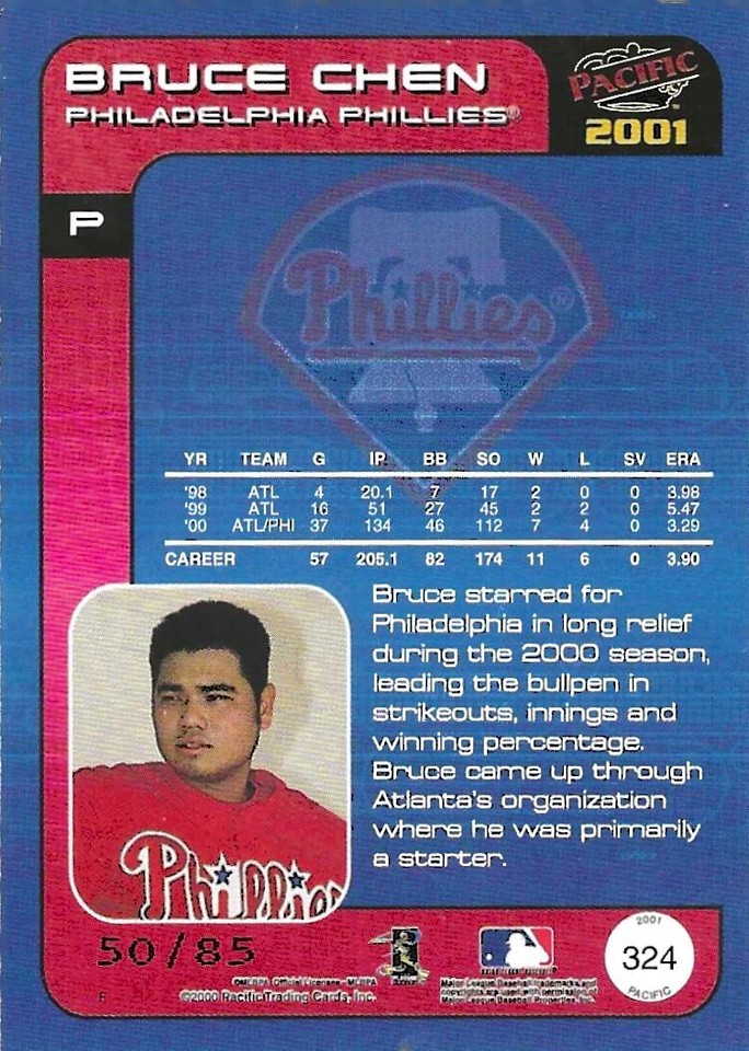 2001 Pacific Bruce Chen 50/85 Parallel #324 Phillies PWE | eBay