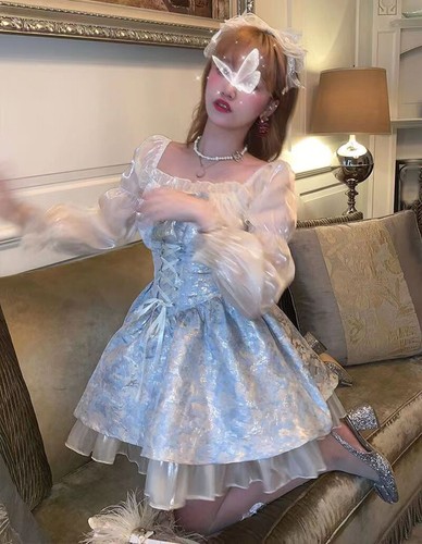 Princess Lolita Girls Floral A-Line Dress Sweet Cute Japanese Short ...