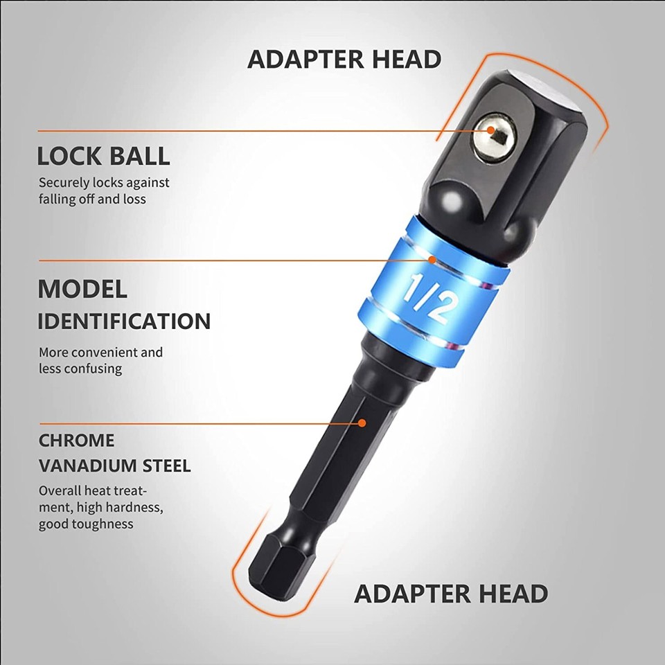 Socket Adapter Set Hex Shank to 1/4" 3/8" 1/2" Impact Driver Drill 3 ...