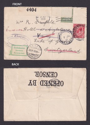GREAT BRITAIN 1918, Censored cover to Vevet Switzerlend resend Enconu ...