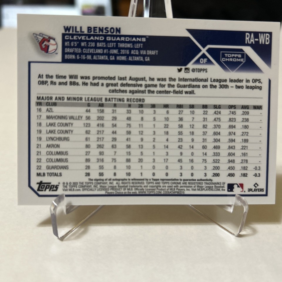2023 Topps Chrome Will Benson RC on card Autograph #RA-WB Guardians ...