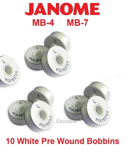 EMBROIDERY PRE WOUND BOBBIN THREAD FITS JANOME MB-4 MB7 WHITE SIDED L ...