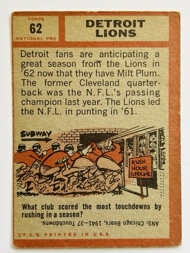 Vintage 1962 Topps Football #62 Detroit Lions Team | eBay