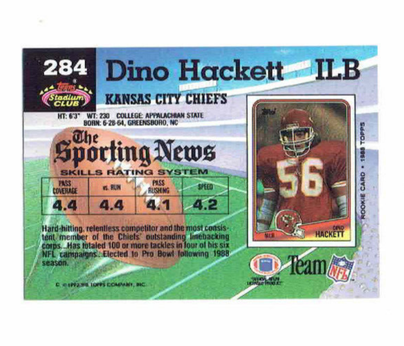 Dino Hackett Kansas City Chiefs ILB #284 Topps Stadium Club 1988 ...
