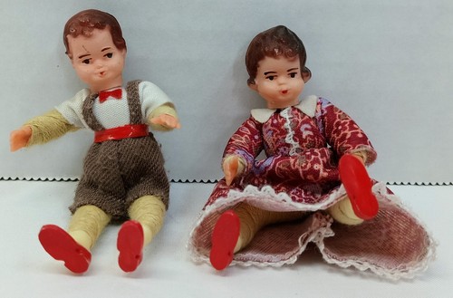 2 Vintage Thread Wrapped Caco Dollhouse Dolls Brother Sister Boy Girl ...