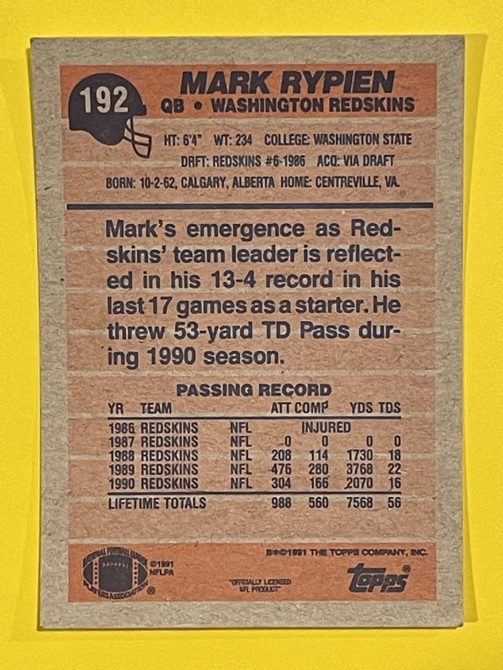Mark Rypien 1991 Topps Base #192 Washington Redskins | eBay