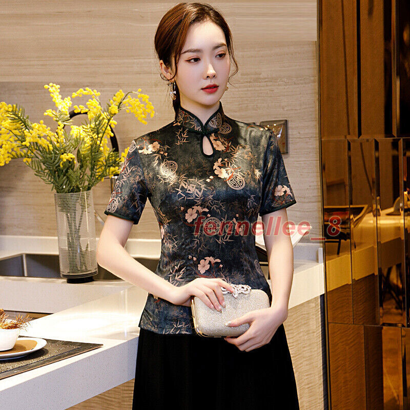 Women Chinese Qipao Shirt Mandarin Collar Traditional Blouse Short ...
