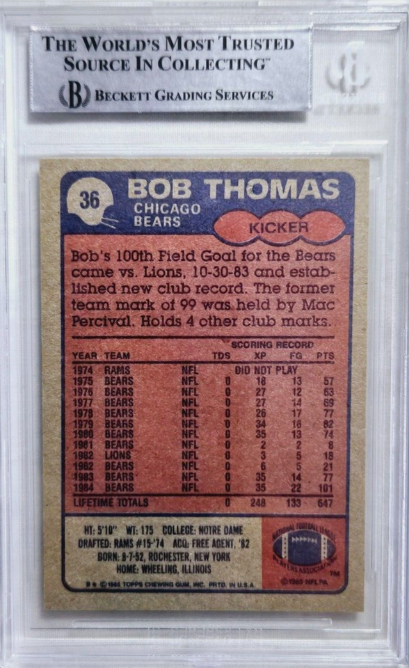 1985 Topps #36 Bob Thomas Signed Football Card Autograph Auto BGS BAS ...