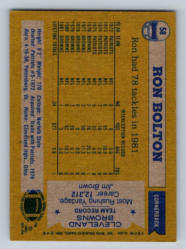 Ron Bolton #58 1982 Topps Cleveland Browns | eBay